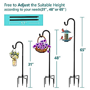 JIER Outdoor Shepherds Hook with 5 Prongs Base,65 Inch Sturdy Hummingbird Feeder Stand, Adjustable Heavy Duty Garden Hanger Hook for Hanging Flower Basket, Solar Light, and Wedding Decor