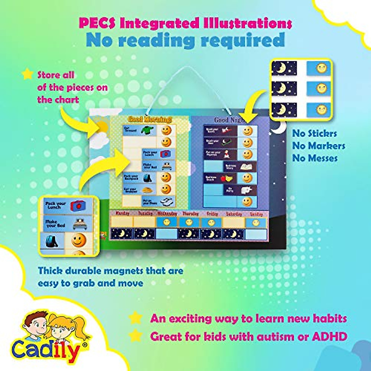 Cadily Day & Night Magnetic Chore Chart for Kids. Reward Good Habits with a Morning & Night Time Kids Chore Chart for Kids & Toddlers. A Daily Chore Chart for Kids Works Great as a Behavior Chart.