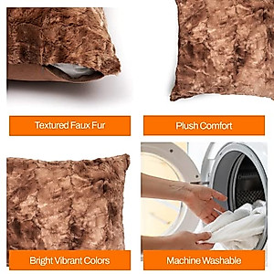 Cheer Collection Faux Fur Throw Pillow Set of 2 for Couch, Beds, Bedroom and Living Room - Ultra Soft and Cozy, Elegant Home Decor, Stylish Accent Pillows - 18" x 18", Brown & White