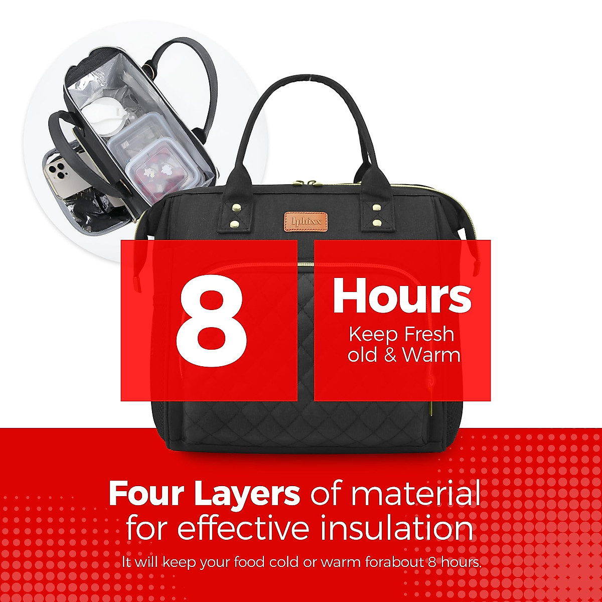 iPhixx Lunch Bags for Women, Lunch Box for Women Insulated Lunch Bag, Leakproof Lunch Tote Bags for Work with Adjustable Strap Reusable Cooler Tote Bag for Picnic,Camping, 8 Ice Packs