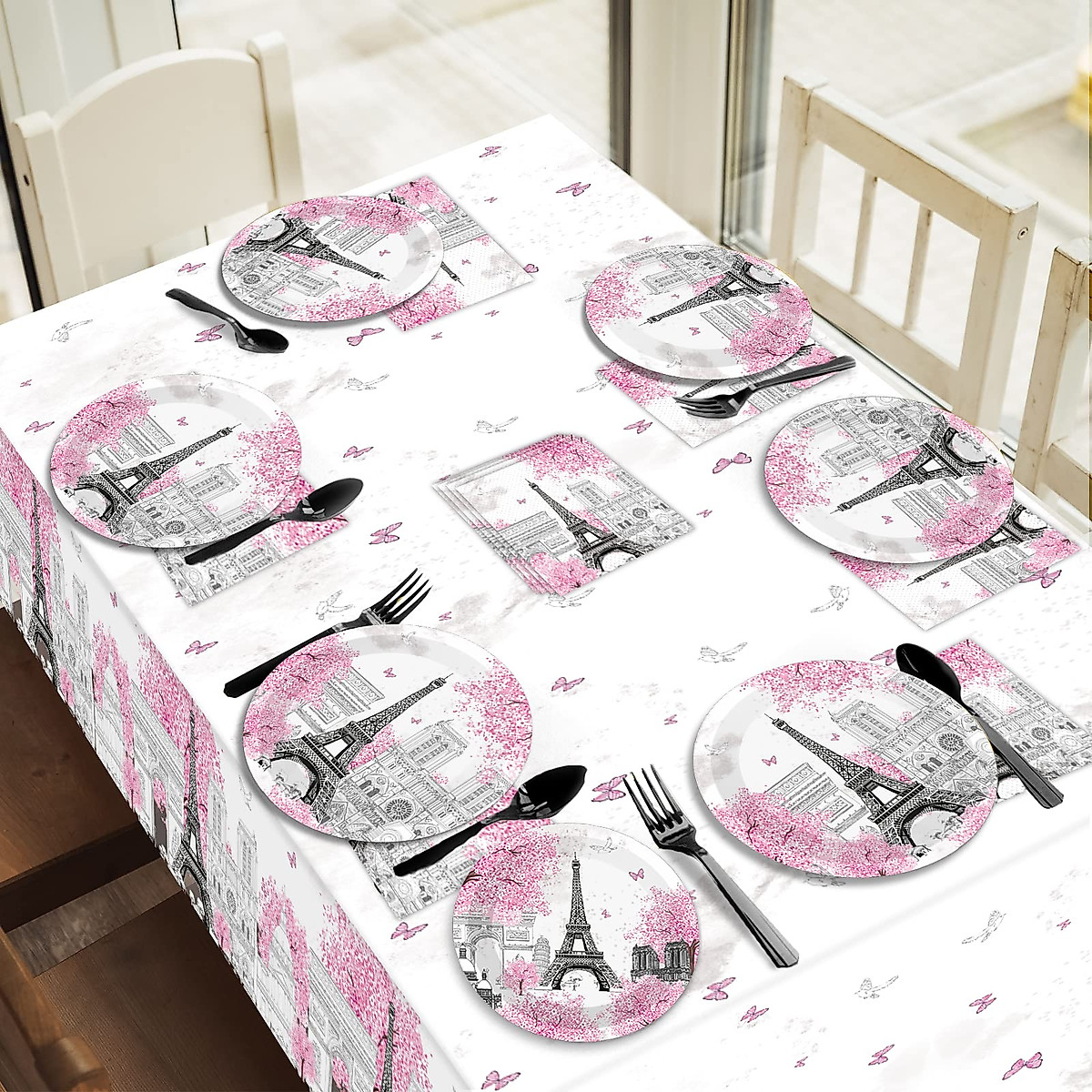 98 Pcs Paris Eiffel Tower Tableware Set Paris Eiffel Tower Party Plates Napkins Paris Table Cover Eiffel Tower Dinnerware for Kid Boy Girl Birthday Weddings Party Decorations Favors for 24 Guest