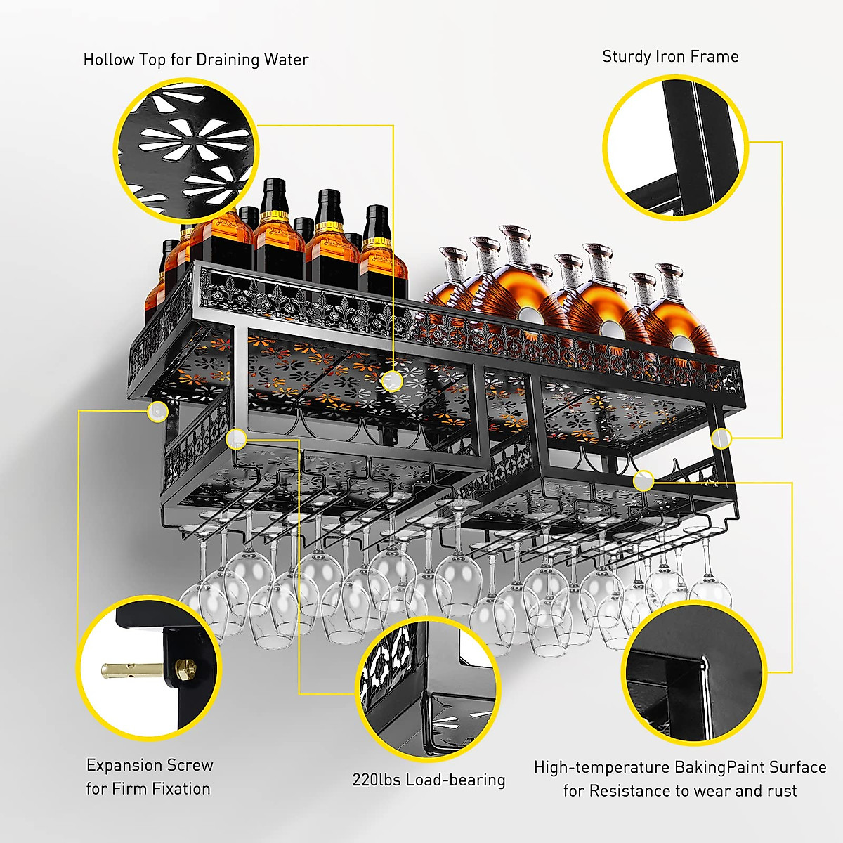 Upyouths 2 Tier Wall Mounted Wine Rack, Metal Hanging Wine Rack, Storage Shelf Glass Hanging Holder, Hanging Floating Bar Liquor Shelves, Bottle Holder Storage Shelves Glass Rack