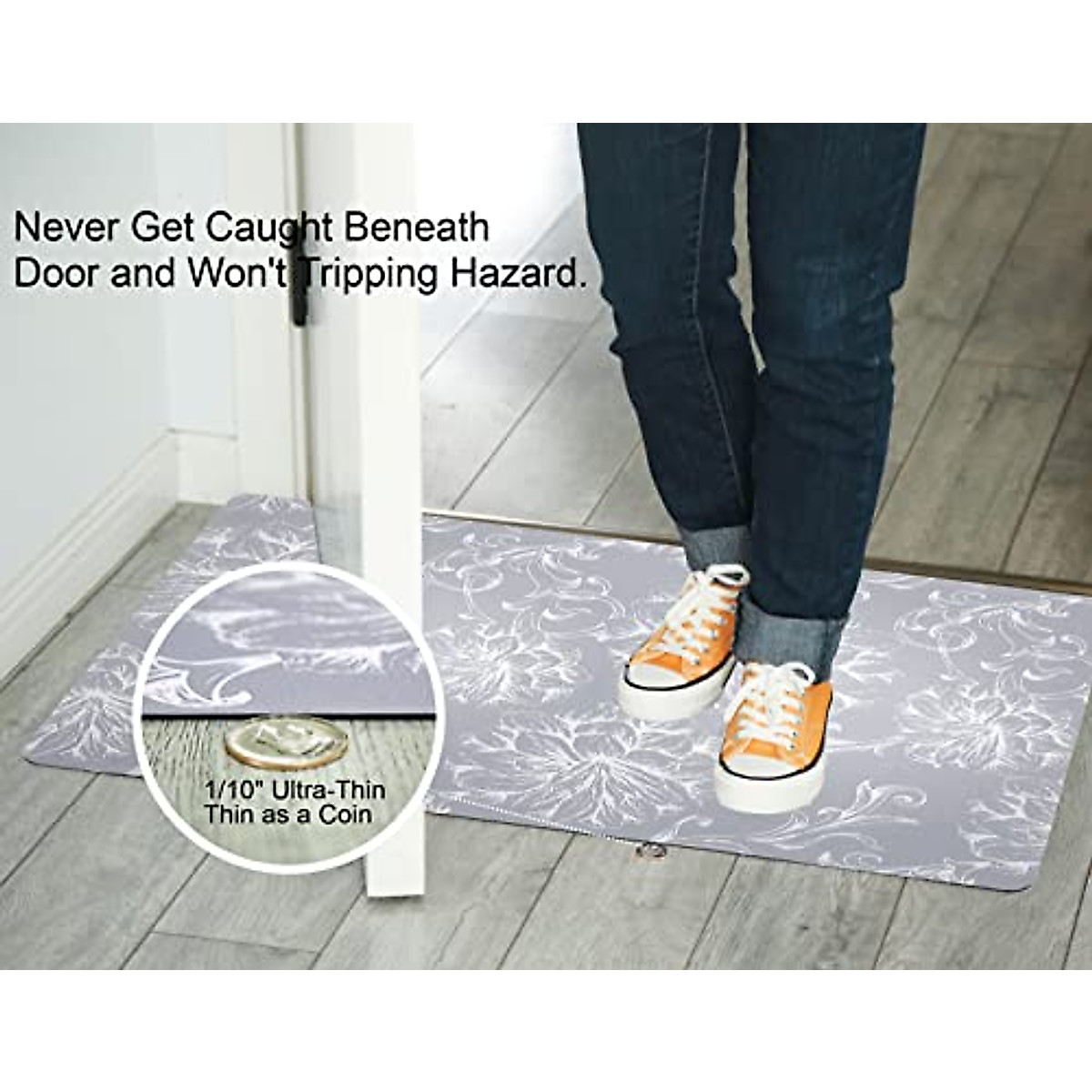 Cosilyt 1/10 Inch Ultra Thin Front Door Mat Rug Indoor Entrance Inside Non Slip, Large Waterproof Rubber Kitchen Rug and Interior Home Washable Door Mat, 24"×35", Baroque Grey