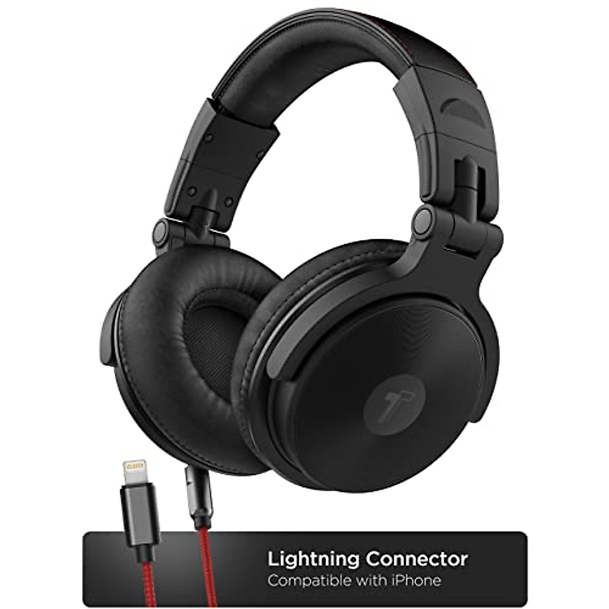 Thore Over Ear iPhone Headphones with Lightning Connector (Apple MFi Certified) – Closed Back Studio DJ Monitor Earphones (50mm Neodymium Drivers) (V200 Black/Red)