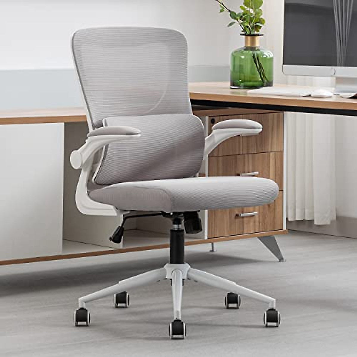 BRTHORY Office Chair Height-Adjustable Ergonomic Desk Chair with Self-Adjustable Lumbar Support, Breathable Mesh Computer Chair High Back Swivel Task Chair with Flip-up Armrests - Grey