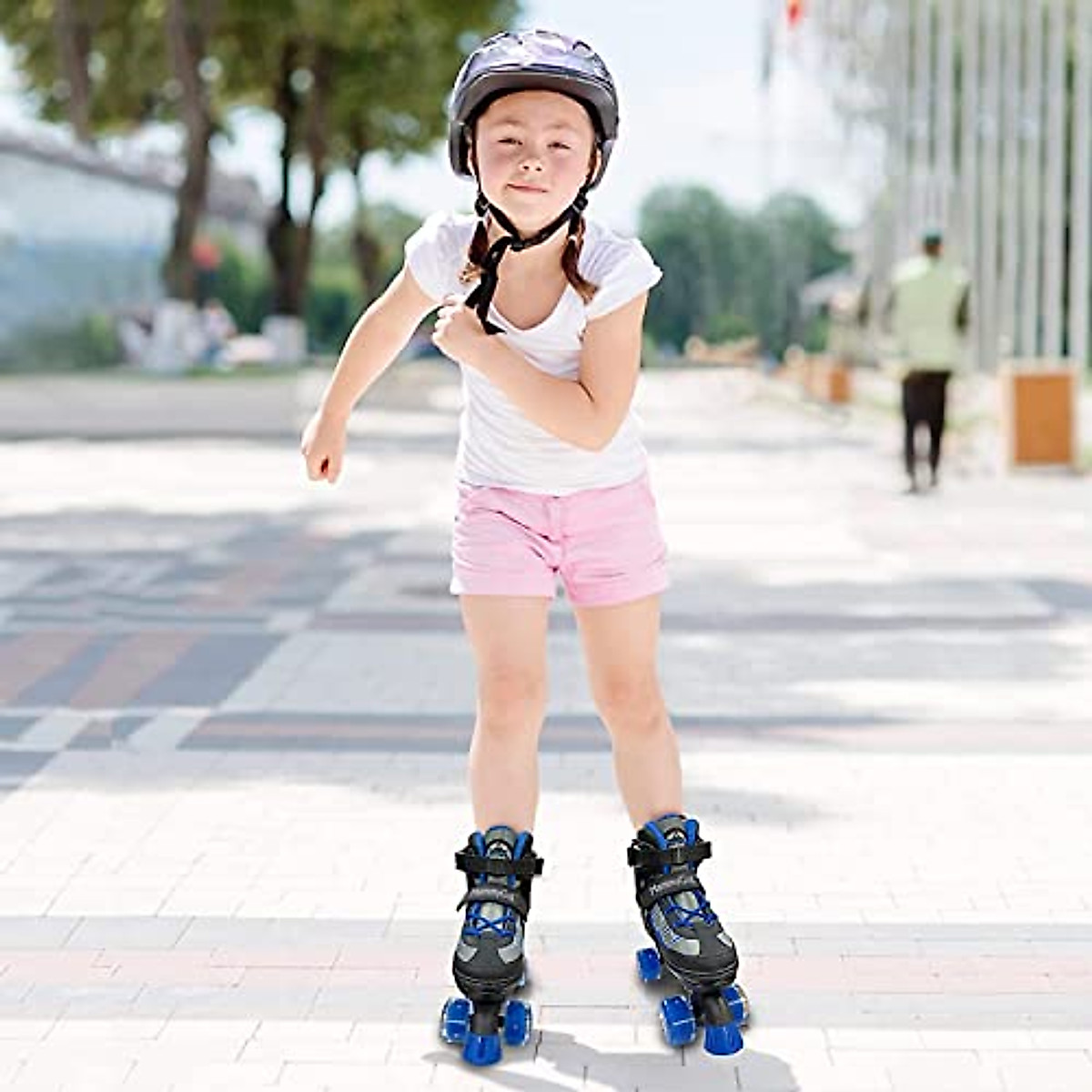 MammyGol Roller Skates for Kids Boys Girls, Adjustable Quad Skates with Light Up Wheels for Toddler Little Kids Ages 6-12 Size 1 2 3 4, Beginners Outdoor Sports, Blue