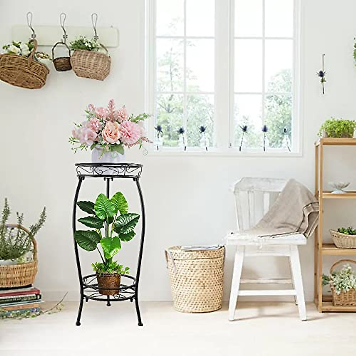 Plant Stand Indoor Outdoor,2 Tier Metal Tall Plant Stands,27.1'' Potted Multiple Holder, Rustproof Decorative Plants Shelf for Corner, Patio, Living Room, Garden (Black)