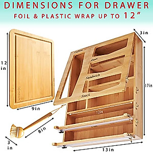 IDMOWN Ziplock Bag Organizer, Foil And Plastic Wrap Organizer, 6 In 1 Kitchen Drawer Organizer Compatible With Gallon Quart Sandwich Snacks, Wrap Dispenser With Cutter, Cutting Board and Washing Brush