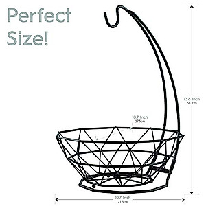CuttleLab Fruit Basket with Banana Hanger (Black, 1-Tier), Fruit Bowl with Banana Holder, Fruit Bowl for Kitchen Counter used as Bread Basket, Vegetable Basket, Fruit Stand,Egg Holder with Banana Tree