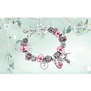 Silver Tone Crystal Murano Glass Beads Snake Chain Bracelet Faith Mustard Seed Charm Crystal Bracelets for Women Y1924 (pink)