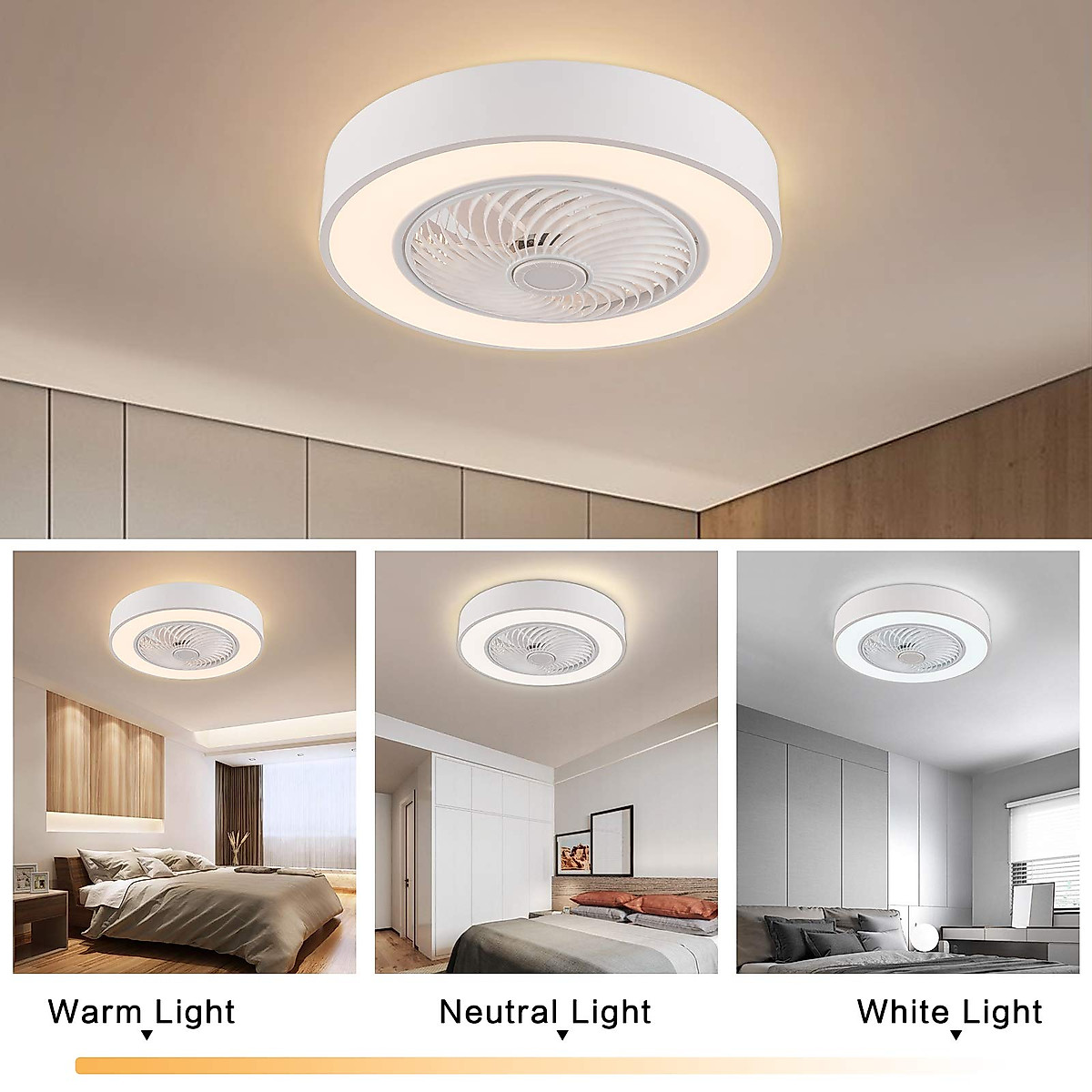 Ceiling Fan with Light Kit,22 Inch Modern LED Remote Control Semi Flush Mount Fandelier with Invisible Acrylic Blades,3 Colors 3 Speeds Changing,Enclosed Low Profile Fan (White)