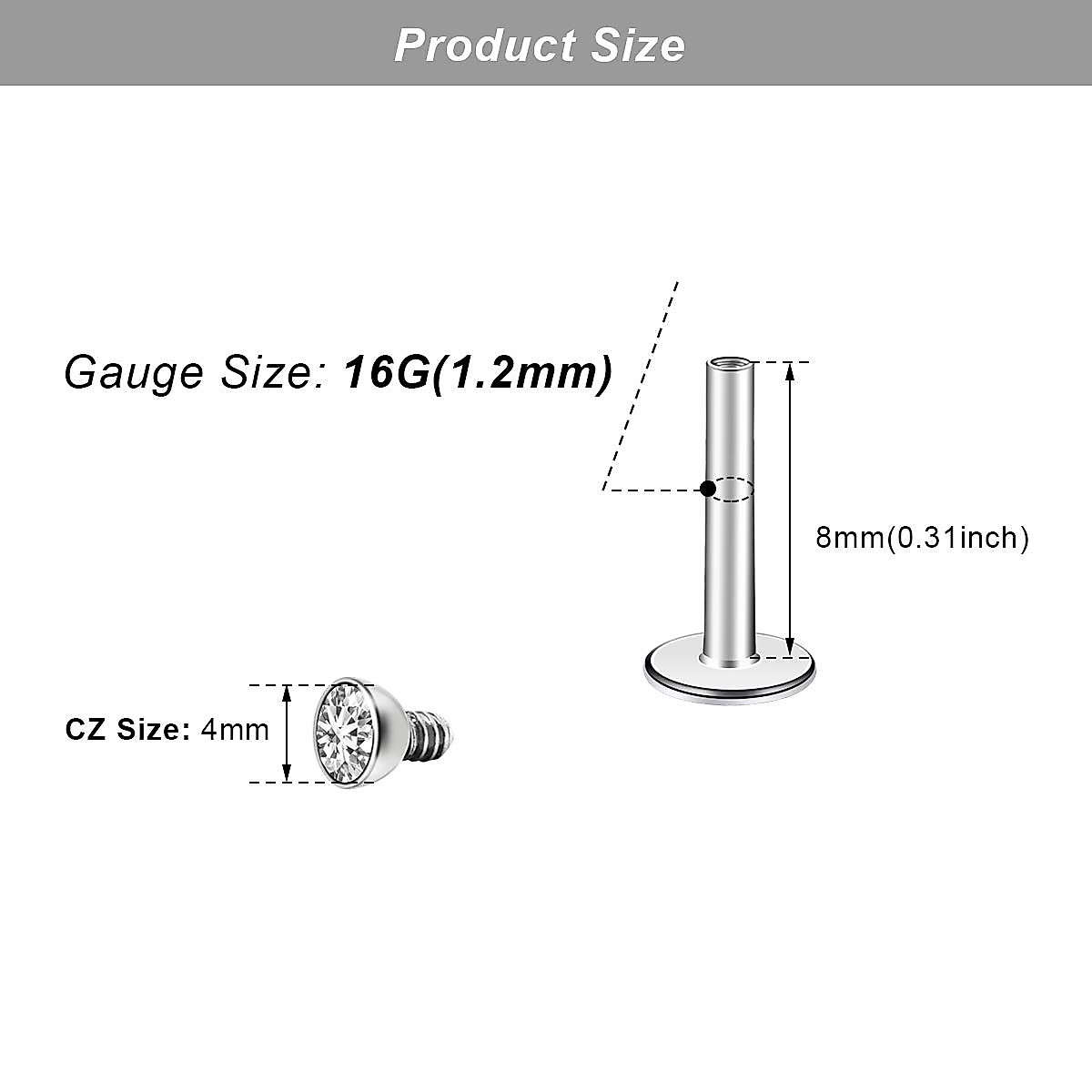 CrazyPiercing 10Pcs 16G Lip Rings 6mm 8mm 10mm Labret Monroe Lip Ring Stainless Steel Nose Studs Piercing Internally Threaded Piercing Jewelry with 4mm CZ (8)