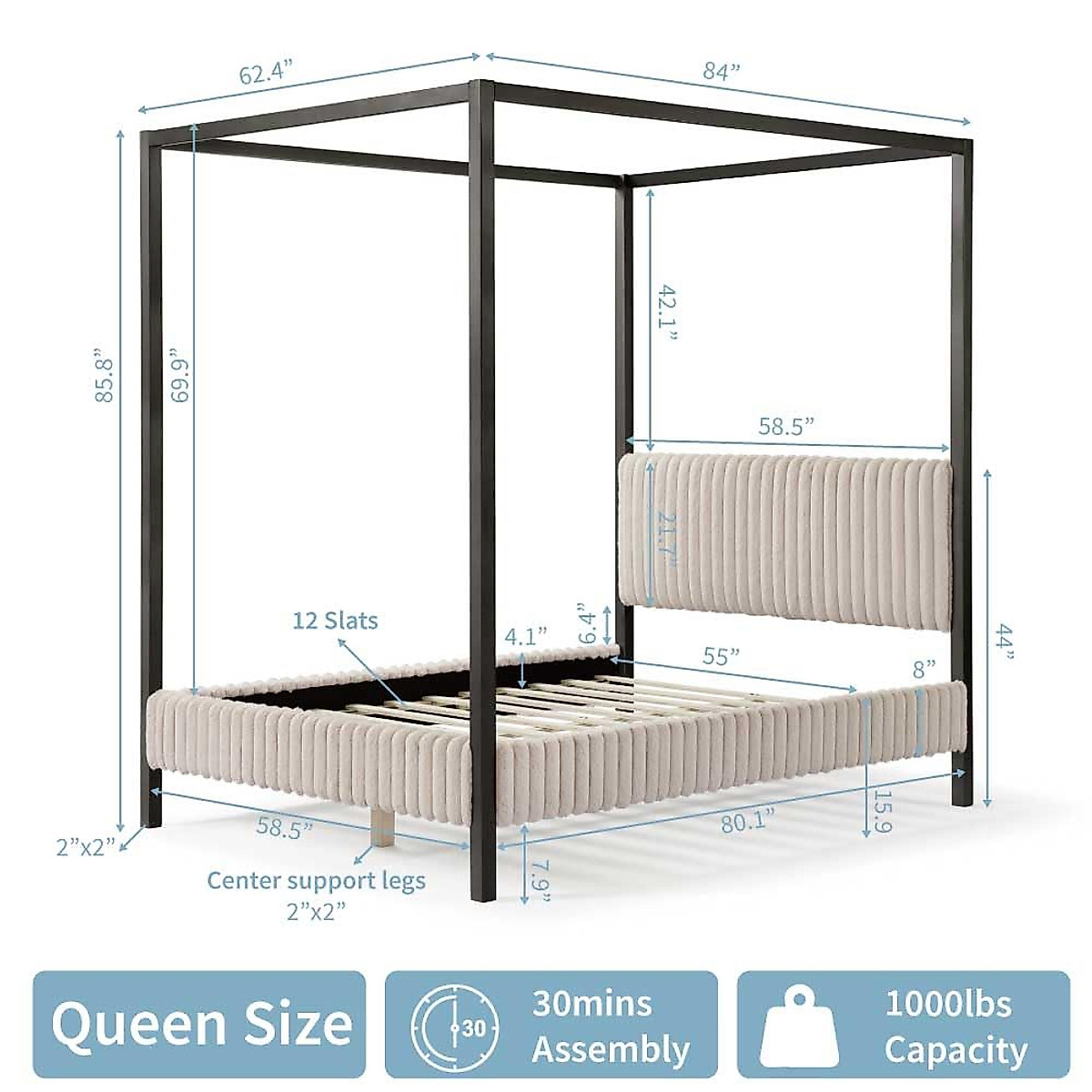 HOMES: Inside + Out Evadne Modern Canopy Bed Frame Queen Size with Channel Upholstered Headboard and Wooden Slats Support for Bedroom, Guest Room, No Box Spring Needed, Light Brown