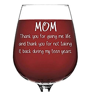 Mom Giving Me Life Funny Wine Glass - Cool Christmas Gifts for Mom from Son, Daughter, Child - Unique Xmas Best Mom Gifts - Fun Gag Birthday Present Idea for Mother, Women - Novelty Mom Wine Glasses