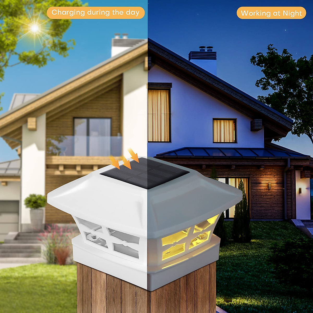 Solar Post Lights Outdoor 4x4 Post Cap Lights 4 Packs LED Deck Fence Light Waterproof Square Landscape Fence Lights for 4x4 PVC Vinyl Wood Post Garden Patio Yard Walkway White