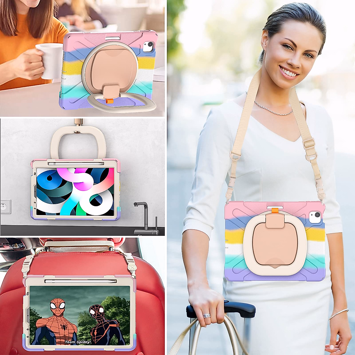 SCSVPN for iPad Air 11 Inch Case 6th Generation 2024 M2 | iPad Air 5th/4th Gen Case 10.9''| iPad Pro 11'' (2022-2018) Protection Kids Cover w/Pencil Holder-Stand-Handle-Shoulder Strap, Colorful Pink