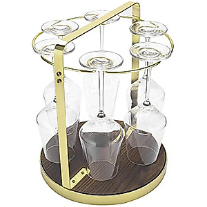 MyGift Modern Brass Metal & Burnt Wood Tabletop Stemware Holder Rack, Wine Glass Serving Caddy