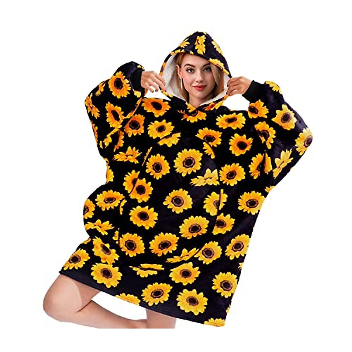vavalad Sunflower Wearable Blanket Sweatshirt Sherpa Oversized Hoodie TV-Blanket with Sleeves and Pockets for Adults Men Women Teens One Size Fits All