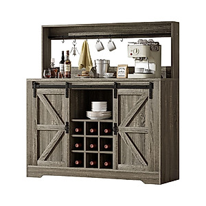 SYESWAY Coffee Bar Cabinet, 47" Farmhouse Sideboard Buffet Cabinet with Sliding Barn Door, Wine Rack & 6 Hooks, Wine Bar Cabinet for Home Dining Living Room, Grey