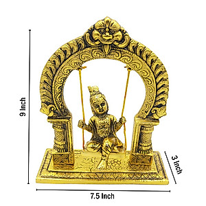Ecommall Laddu Gopal Metal Solid Jhula Swing with Ladoo Gopal Murti Handicraft Showpiece Idol for Temple/Home/Office (Gold, Medium)