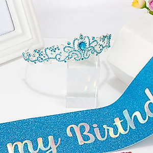 BAHABY Birthday Crown for Women, It's My Birthday Sash & Rhinestone Tiara Set Princess Birthday Sash and Tiara for Women Birthday Decorations Rhinestone Headband for Women Girls- Blue