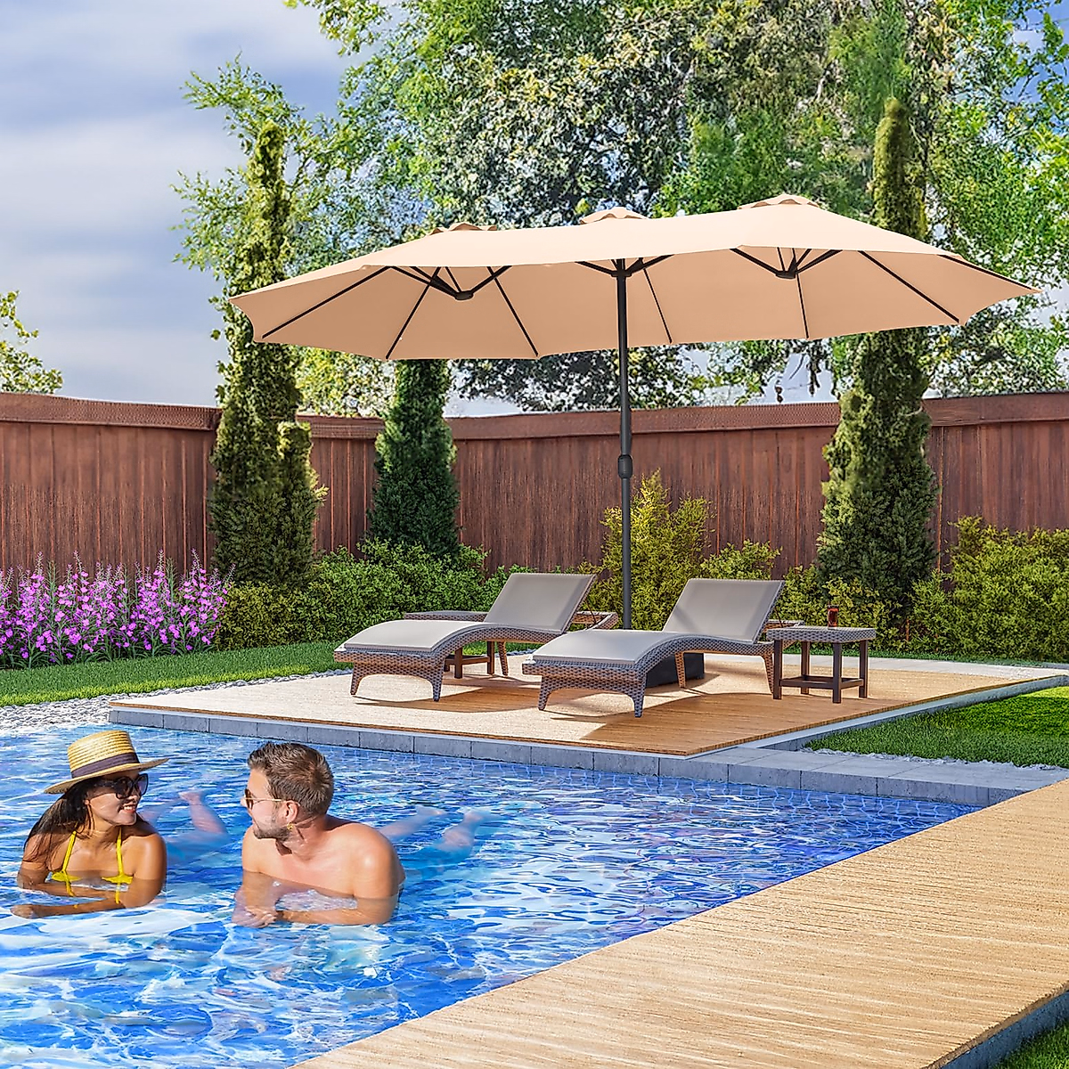 15ft Large Patio Umbrella, Outdoor Double-Sided Market Umbrella with Crank Handle, Patio Table Umbrella, Pool Umbrella, Brown