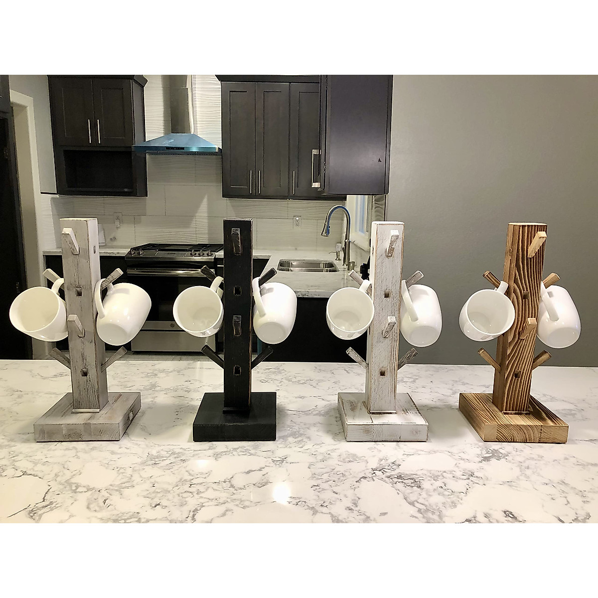 16" Solid Wood Coffee Mug Stand | Coffee Mug Tree | Coffee Mug Rack | Coffee Cup Holder | Adjustable / Removable Hooks | Holds 10 Mugs | Collapsible for Storage | Jewelry / Watch Organization (Gray)