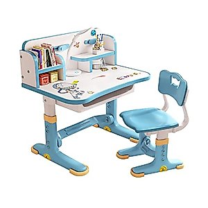 Small Desk, Standing Desk, Desk Chair Set, Widened Desktop Multi Separation Cartoon Pattern Desk Chair Set Kids Adjustable Height Study Table with Drawer Chair Set (Blue)