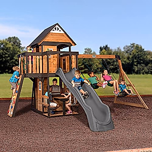 Backyard Discovery Canyon Creek All Cedar Wood Swing Set w/Grey Wave Slide, Playhouse w/Grill, Plastic Food, Picnic Area, Steering Wheel, Two Belt Swings, Rock Climbing Wall, Balcony, Deck, Web Swing
