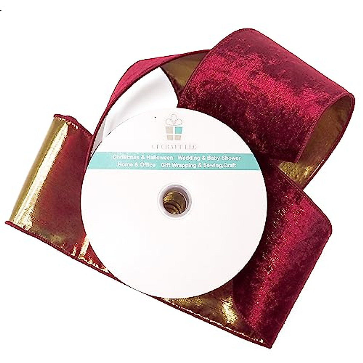 Wine (Burgundy) Velvet with Gold Metallic Backing Wired Ribbon 4 Inch x 10 Yards for Christmas Tree Topper Home Decoration Wreath Gift Wrapping DIY Craft