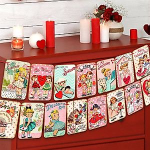 Pink Valentine Banner Decoration Happy Valentine Party Hanging Banner Vintage Style Valentine's Day Banner for Valentines Themed Birthday Party Decorations for Wall Fireplace Decor Supplies