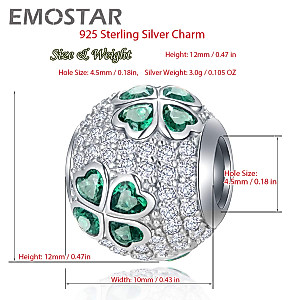 Sparkling Irish Four Leaf Clover Charms fits Pandora Ireland St Patricks Day Bracelet - Pave Green Hearts Shamrock CZ Ball Beads in 925 Sterling Silver, Gifts for Mother/Valentines Day
