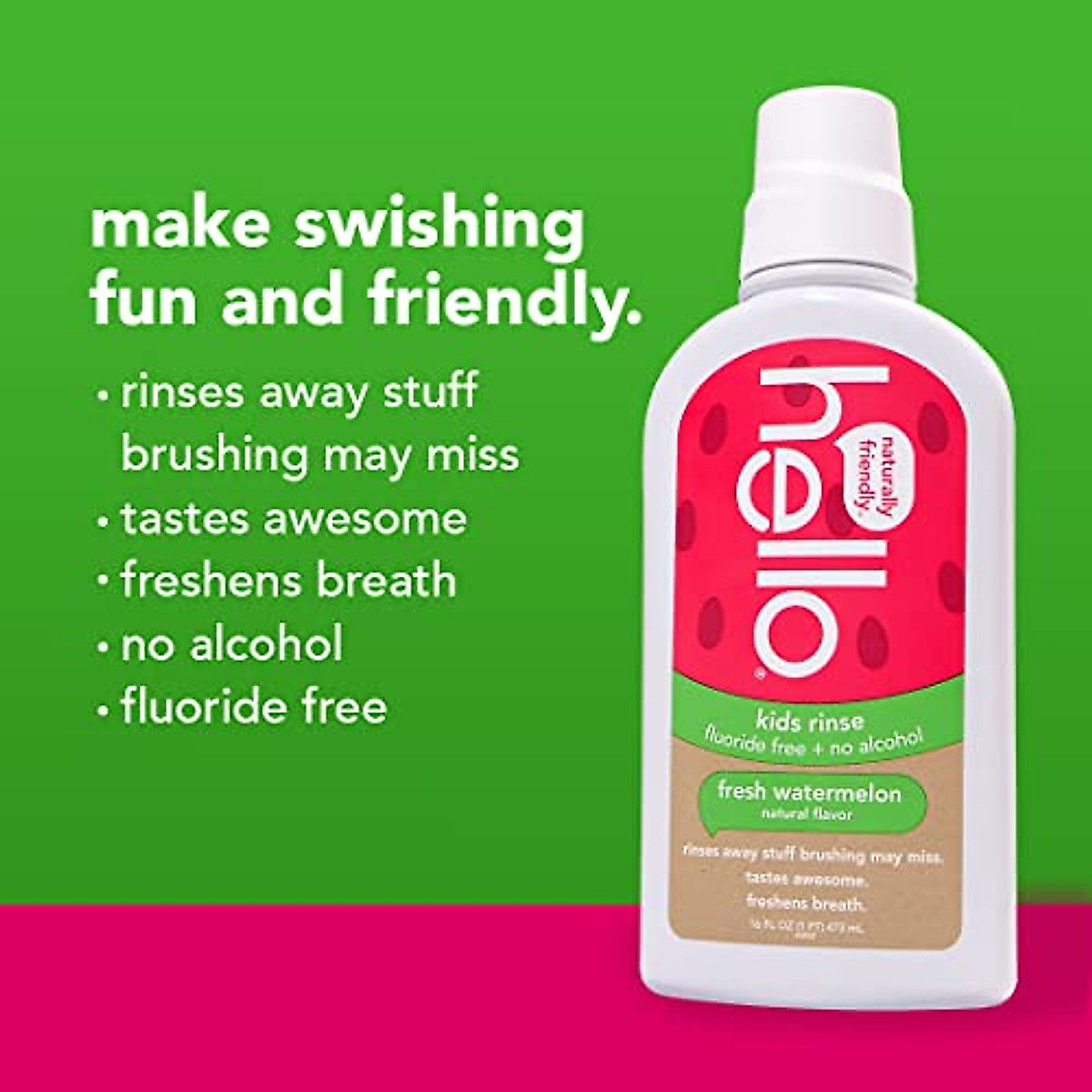 Hello Natural Watermelon Flavor Kids Fluoride Free Rinse, Alcohol Free, Vegan, SLS Free, Mouthwash for Kids Age 6 and Up, 16 Fl Oz (Pack of 3)
