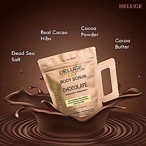 Deluge Chocolate Scrub for Cellulite and Stretch Marks, Body Exfoliant and Hydrating Cellulite Treatment with Shea Butter, Coconut Oil and Dead Sea Salt Firms, Tones and Moisturizes Skin (10 oz)