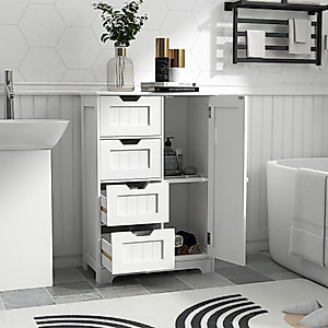 RASOO Bathroom Storage Cabinet White Freestanding Floor Storage Cupboard Adjustable Shelf with 4 Drawers and 1 Door