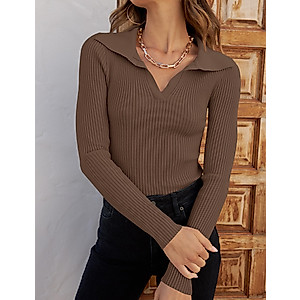 ZESICA Sweaters for Women Spring Long Sleeve V Neck Ribbed Knit Pullover Tops Casual Slim Fit Basic Tee Shirts,Mocha,Small