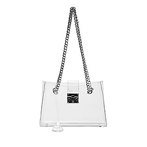 Leanoria Designer Clear Purse Tote Bag with Lock Chain Stadium Approved Clear PVC Plastic Bag Transparent See Through Handbag for Work (Silver)