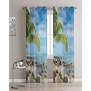 Sheer Curtains 1 Panel,Palm Tree Beach Sea Cloud Blue Sky Island Reef Stone Chiffon Window Treatment Grommet Semi Transparent Drapery for Kitchen Bedroom Decorations,52x96 Inch