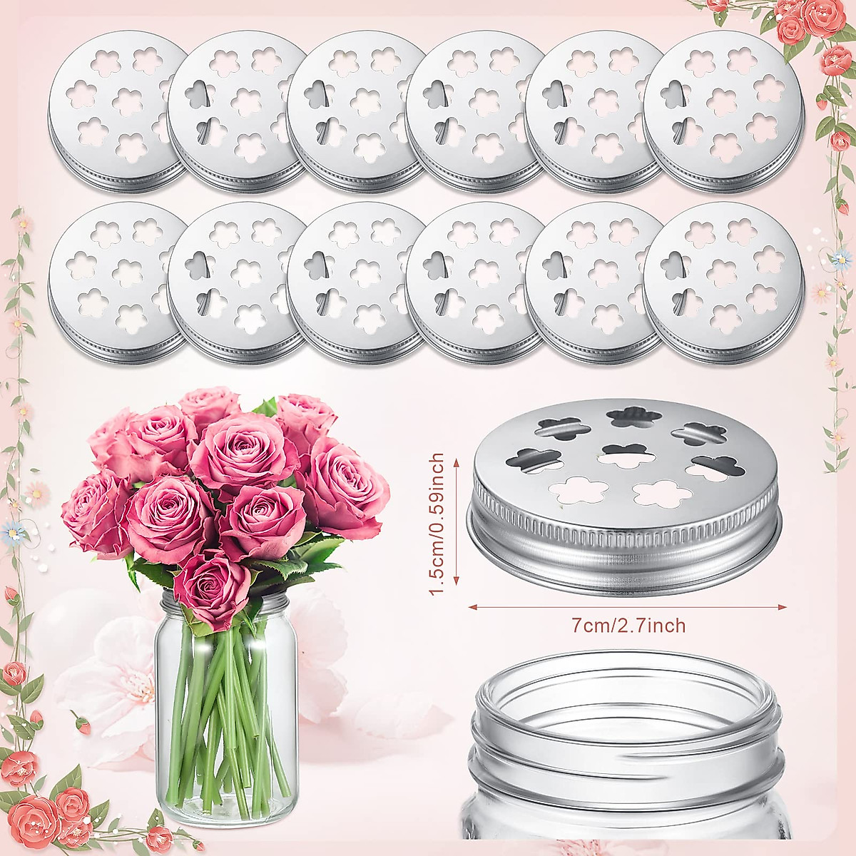 12 Pcs Mason Flower Jar Holder Lid Metal Flower Lid Insert Mason Grid Flower Organizer Lid Insert for Regular Mouth Mason Canning Jars (12 Pcs)