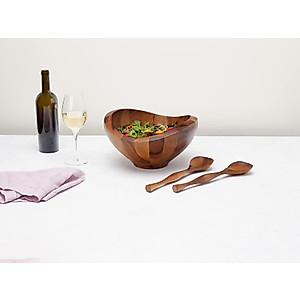 nambe Bella Salad Bowl with Servers | 3 Piece Wooden Salad Bowl Set with Serving Utensils | Acacia Wood Salad Tosser and Fruit Bowl | Housewarming Gift with Gift Box
