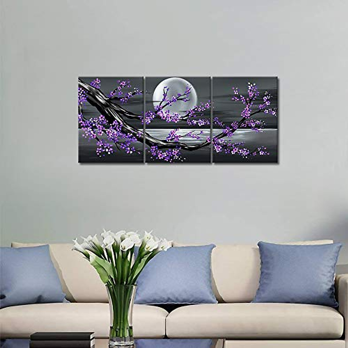 LoveHouse 3 Piece Purple Flower Tree Wall Art for Bedroom Cherry Blossom Tree in Full Moon Night Landscape Canvas Prints Artwork for Home Wall Decoration Ready to Hang 12x16inchx3pcs (Cherry Blossom)