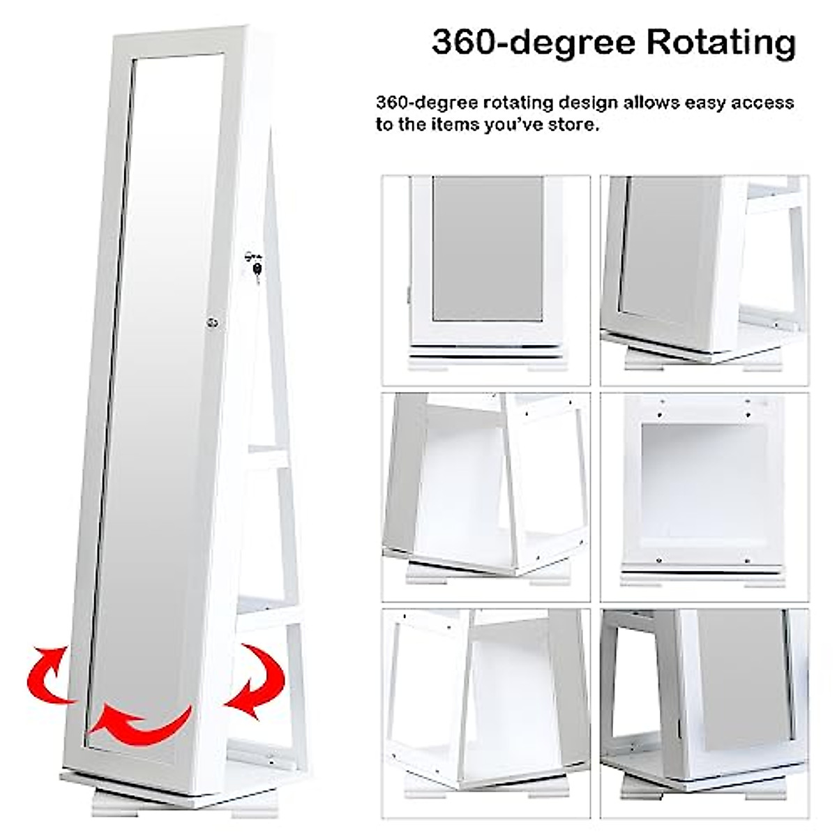 Bonnlo Jewelry Armoire with 360 Rotation Base, 57 x 10 inch Mirror, Freestanding, Cosmetic Storage