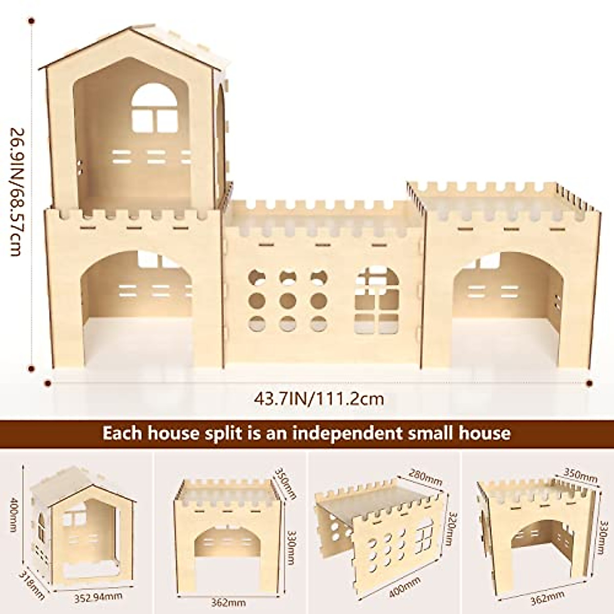 Woiworco Extra Large Rabbit Hideout, Wooden Rabbit Castle Bunny Spacious Breathable Hideouts for Indoor Bunnies, Hamsters and Guinea Pigs Hut to Hide