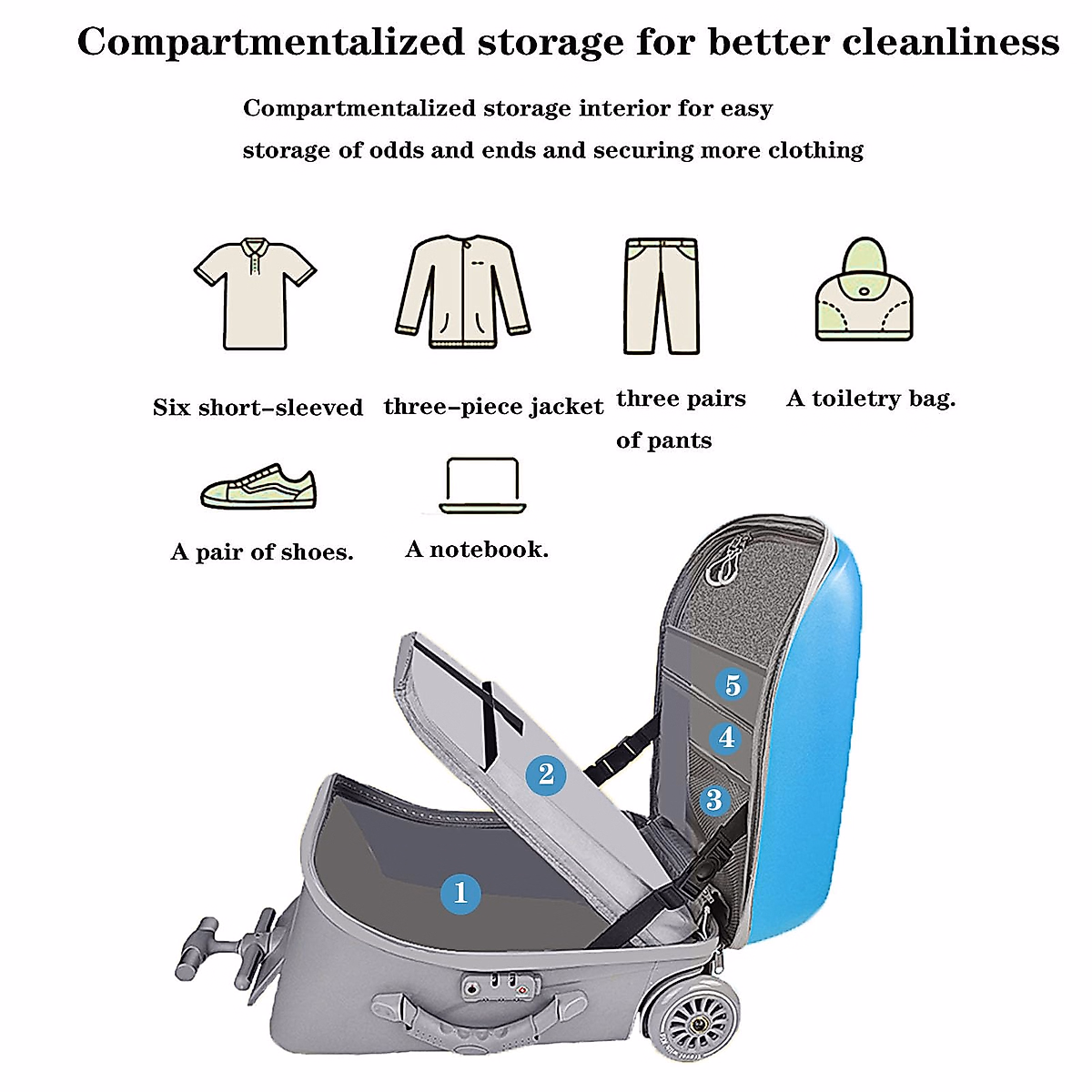 ELDA 20'' Kids Ride On Suitcase with Child Seat Design Large Carry On Hardside Rolling Luggage with Detachable Trolley, TSA Lock, Travel for Boys Girls