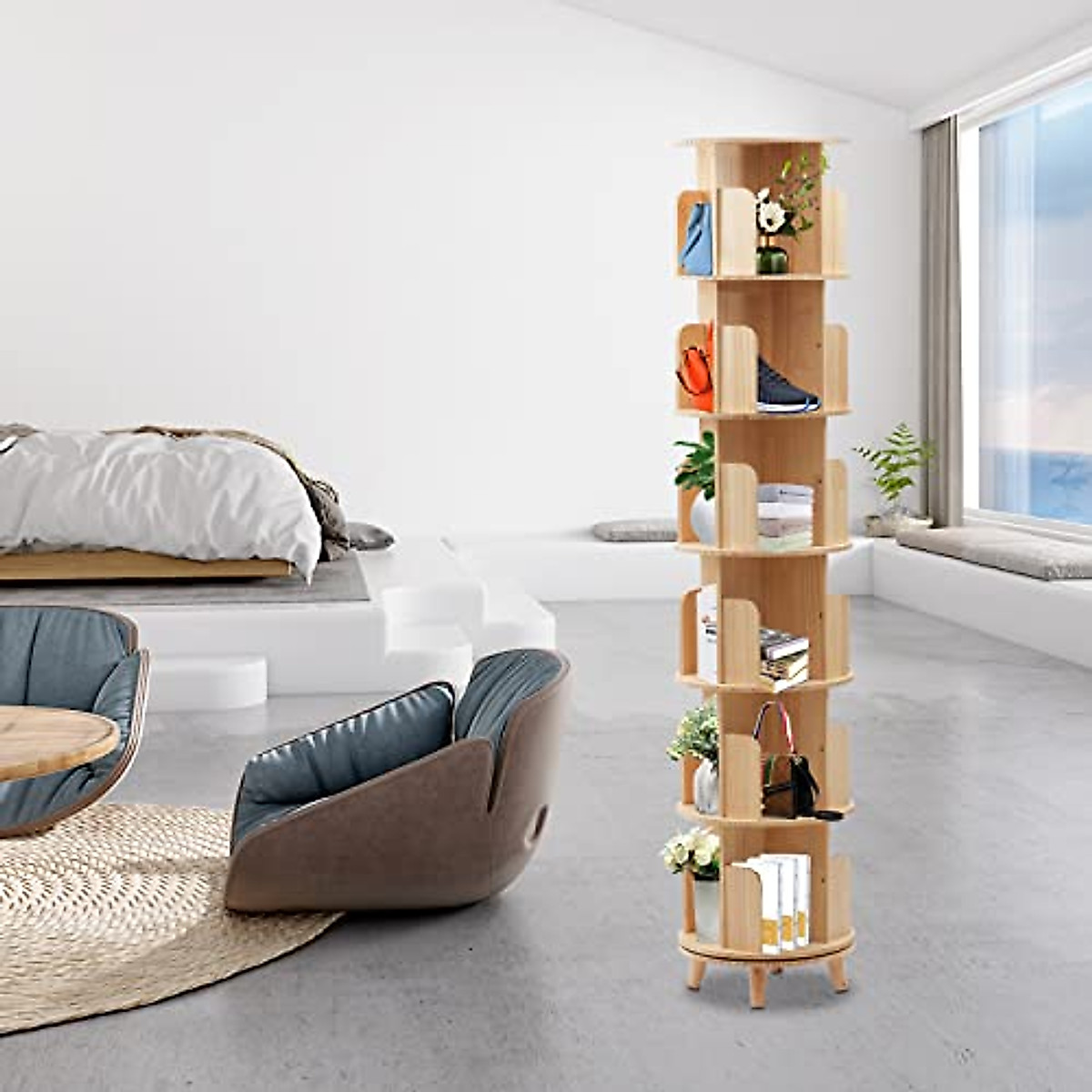 HOOMTLSY Rotating Bookshelf 360° Floor Standing Bookcase 6 Tier Multi-Functional Bookshelf Organizer Wood Display Cabinet Rotation Display Tower for Office Home Living Room Study