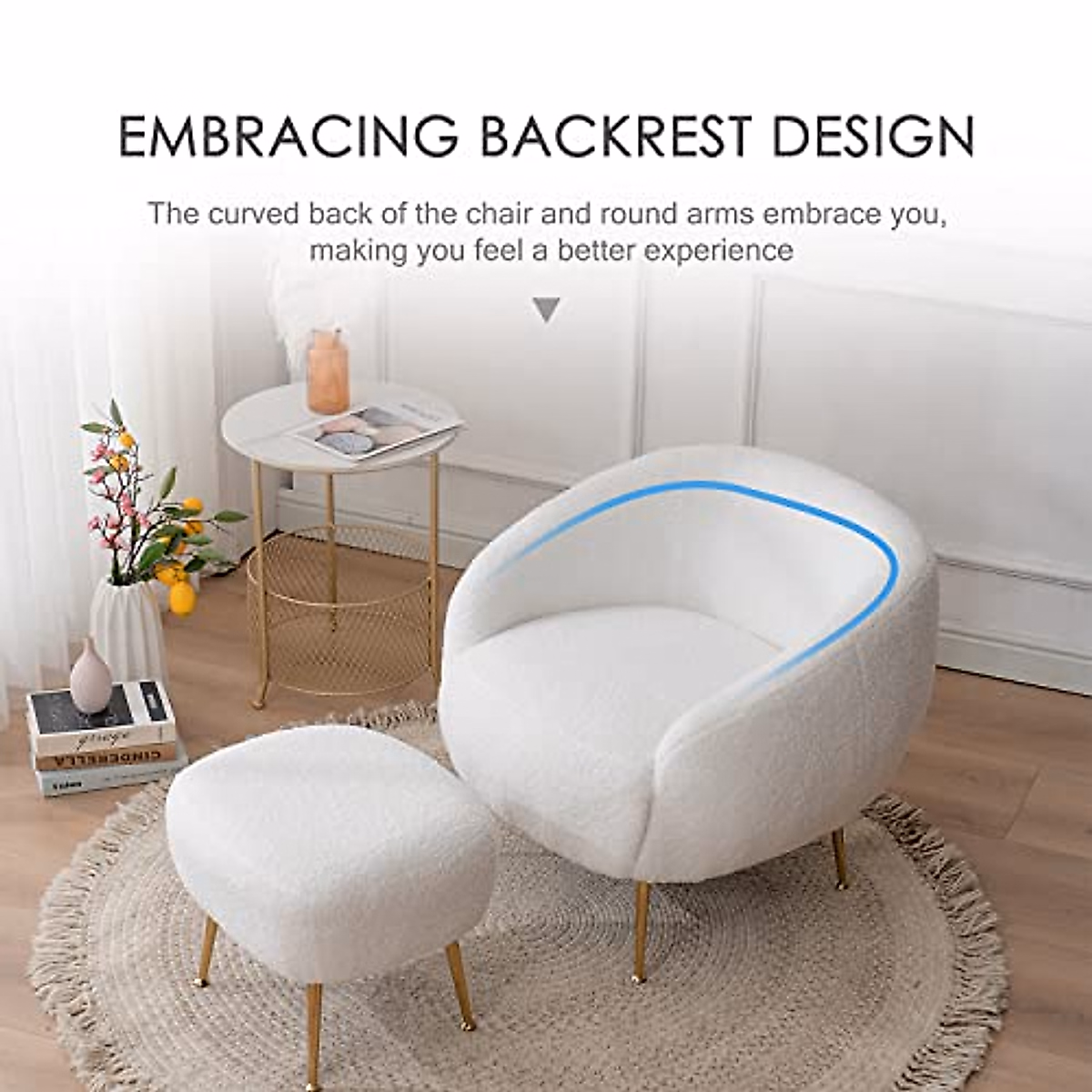 Kiztir Sherpa Accent Chair, White Accent Chair with Ottoman/Gold Legs, Modern Accent Chair for Living Room, Bedroom or Reception Room
