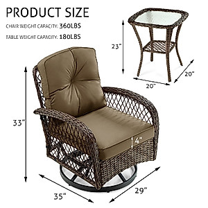 SHA CERLIN 3 Pieces Patio Furniture Set, Outdoor Swivel Glider Rocker, Wicker Patio Bistro Set with Rocking Chair, Cushions and Table (Khaki)