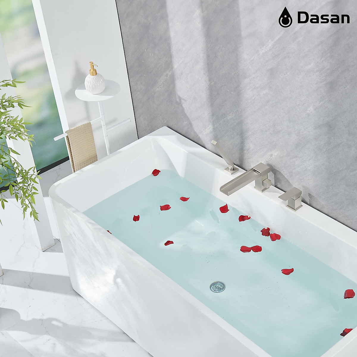 DASAN Roman Bathtub Faucet Set with Handheld Shower Sprayer 3-Hole Deck Mount Square Tub Filler Faucet Set, Brushed Nickel Waterfall Roman Tub Faucet with Valve Included, DA-TF09SWH-BN