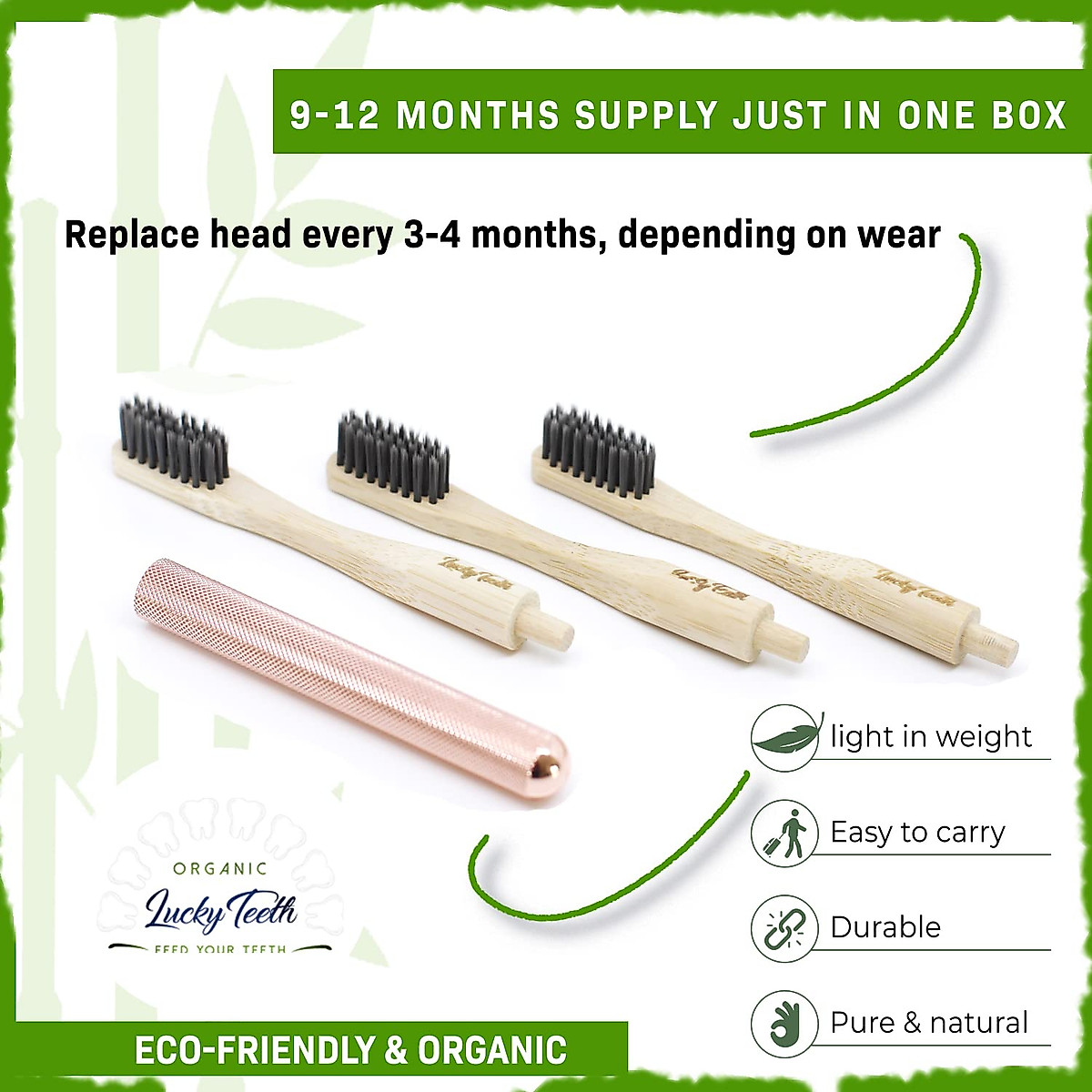 Replaceable Bamboo Toothbrush Aluminum Handle - BPA Free, Soft Bristles | Eco-Friendly, Biodegradable, Compostable, Vegan & Zero Waste | 3 Heads Total | 9-12 Months supply. (COPPER CHARCOAL BRISTLES)