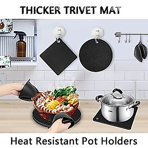 Silicone Trivet Pot Mat, Silicone Pot Holders for Hot Pan and Pot Pads. Heat Resistant Counter Mats for Tables Placemats,Countertops, Spoon Rest and Large Coasters,4 Pack Black(2 Squared + 2 Round)